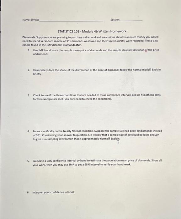 Solved Name Print Section Statistics 101 Module 4 B