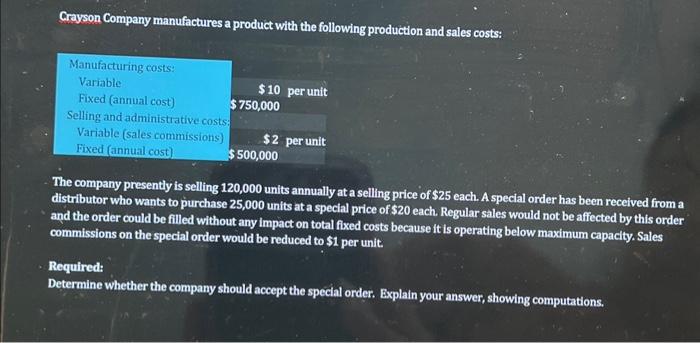 Solved Crayson Company manufactures a product with the | Chegg.com