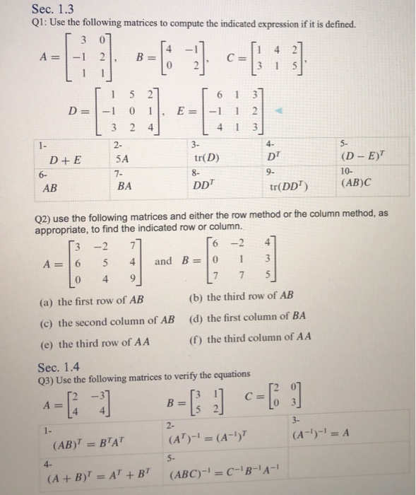 Solved Sec. 1.3 Q1: Use the following matrices to compute | Chegg.com
