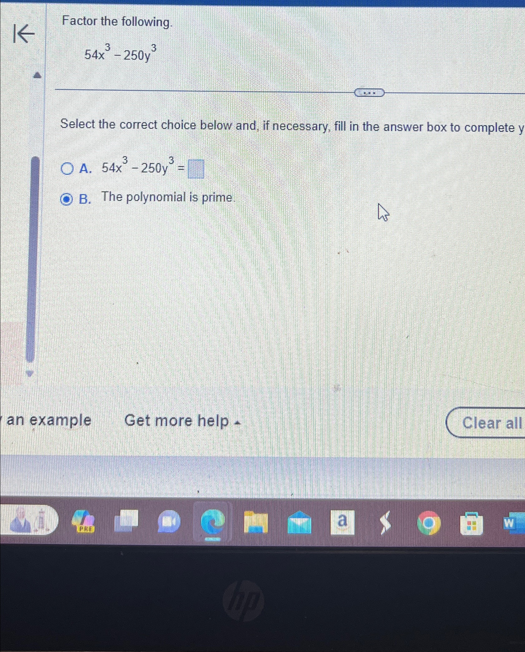 Solved Factor the following.54x3-250y3Select the correct | Chegg.com
