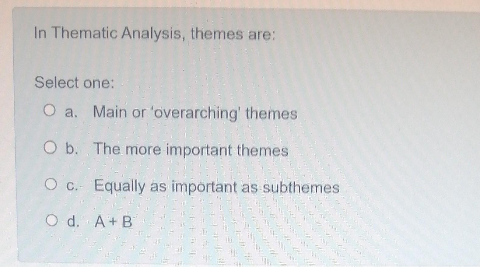 Solved In Thematic Analysis, themes are: Select one: a. Main | Chegg.com
