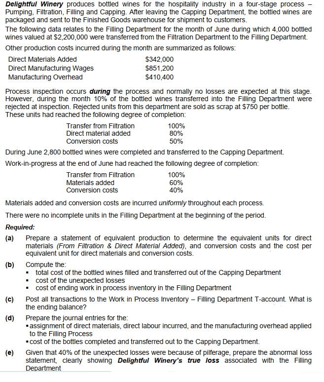 Solved Delightful Winery produces bottled wines for the | Chegg.com