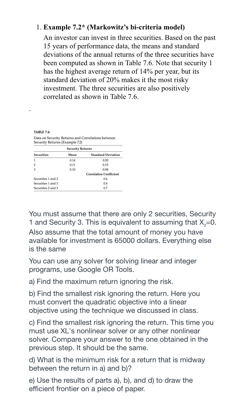 Solved Example 7.2* (Markowitz's bi-criteria model)An | Chegg.com