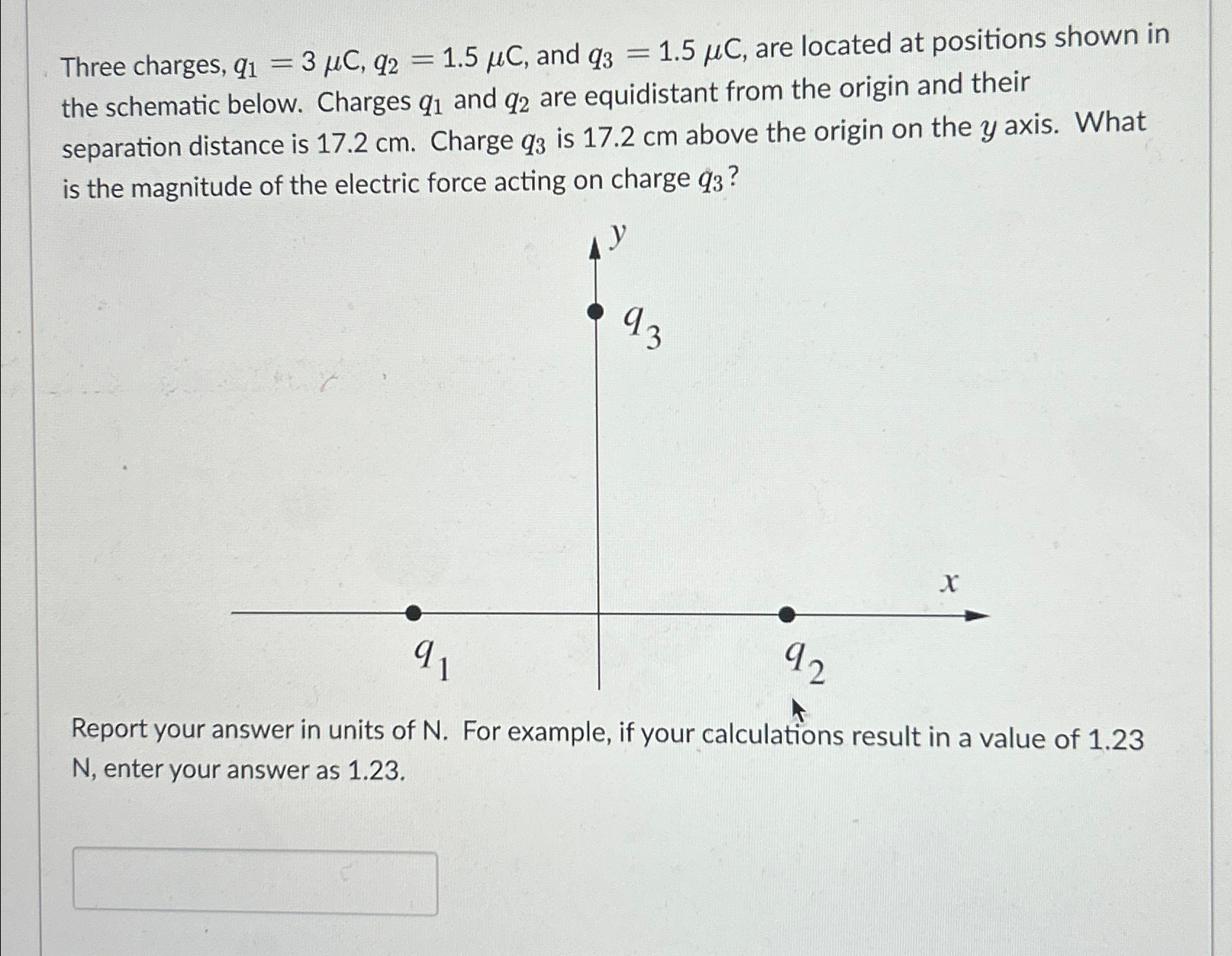 Solved Three charges, q_(1)=3\\\\mu C,q_(2)=1.5\\\\mu C, and | Chegg.com