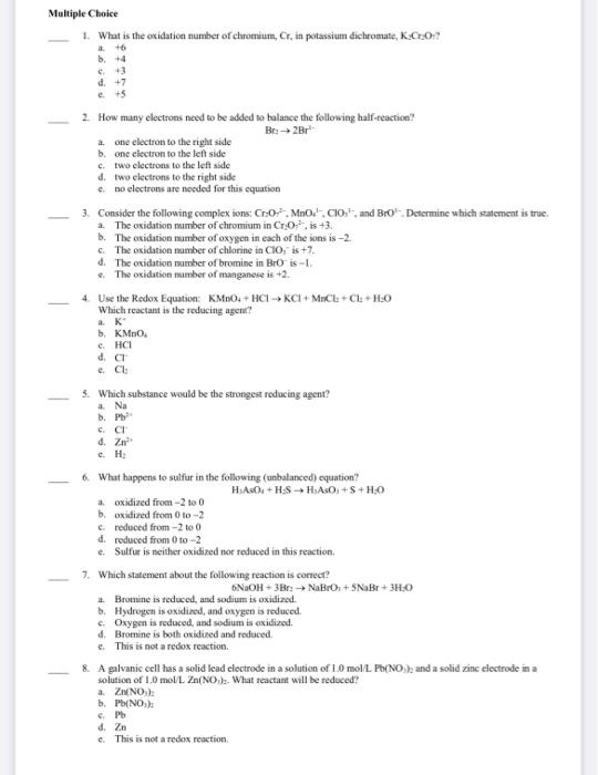 Solved Multiple Choice 1. What is the oxidation number of | Chegg.com