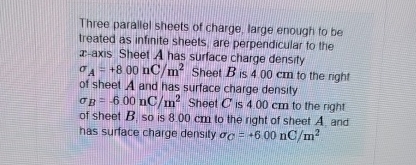 Three parallel sheets of charge, large enough to be | Chegg.com