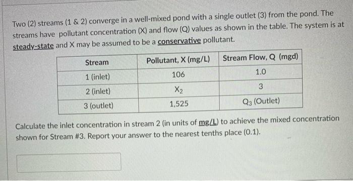 Solved Two (2) streams (1 & 2) converge in a well-mixed pond | Chegg.com