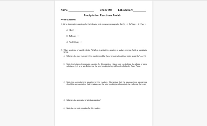Solved Name: Chem 110 Lab section: Precipitation Reactions | Chegg.com
