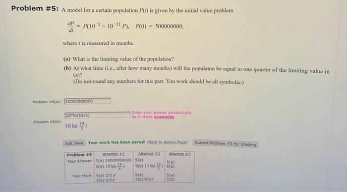 Solved Problem #5: A model for a certain population P(t) is | Chegg.com