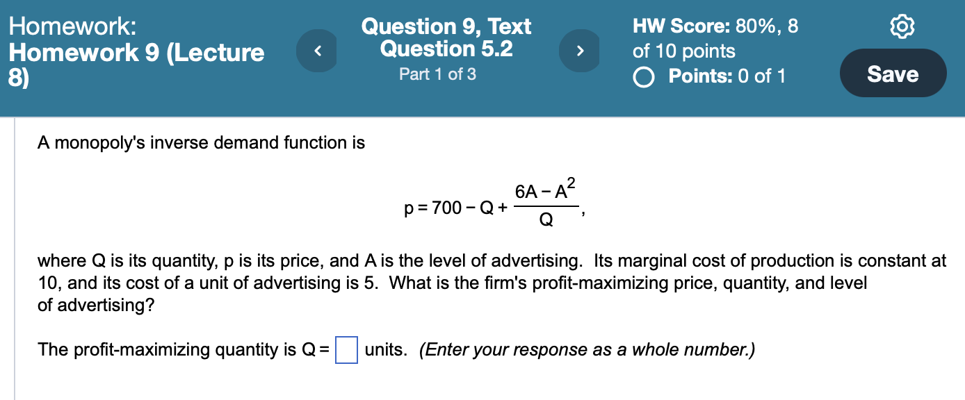 Solved A monopoly's inverse demand function | Chegg.com