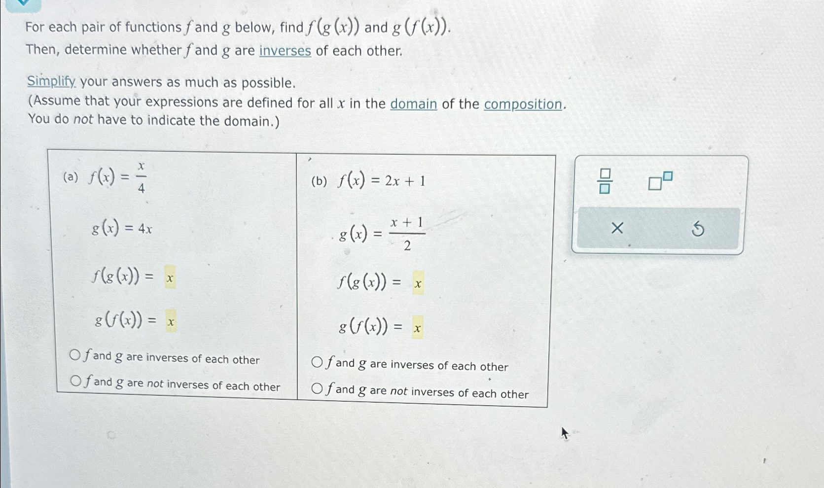 Solved For each pair of functions f ﻿and g ﻿below, find | Chegg.com