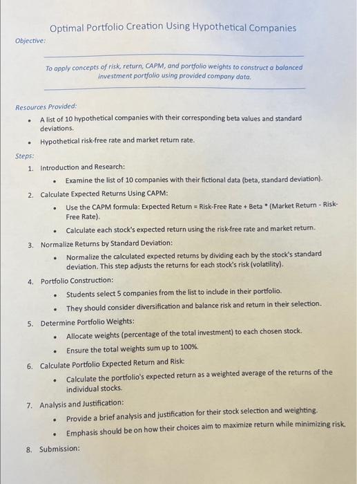 Solved Optimal Portfolio Creation Using Hypothetical | Chegg.com