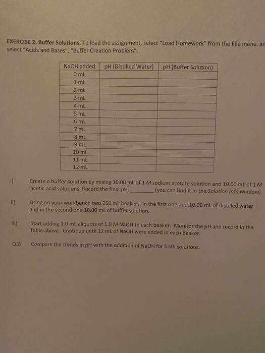 EXERCISE 2. Buffer Solutions. To load the assignment, | Chegg.com