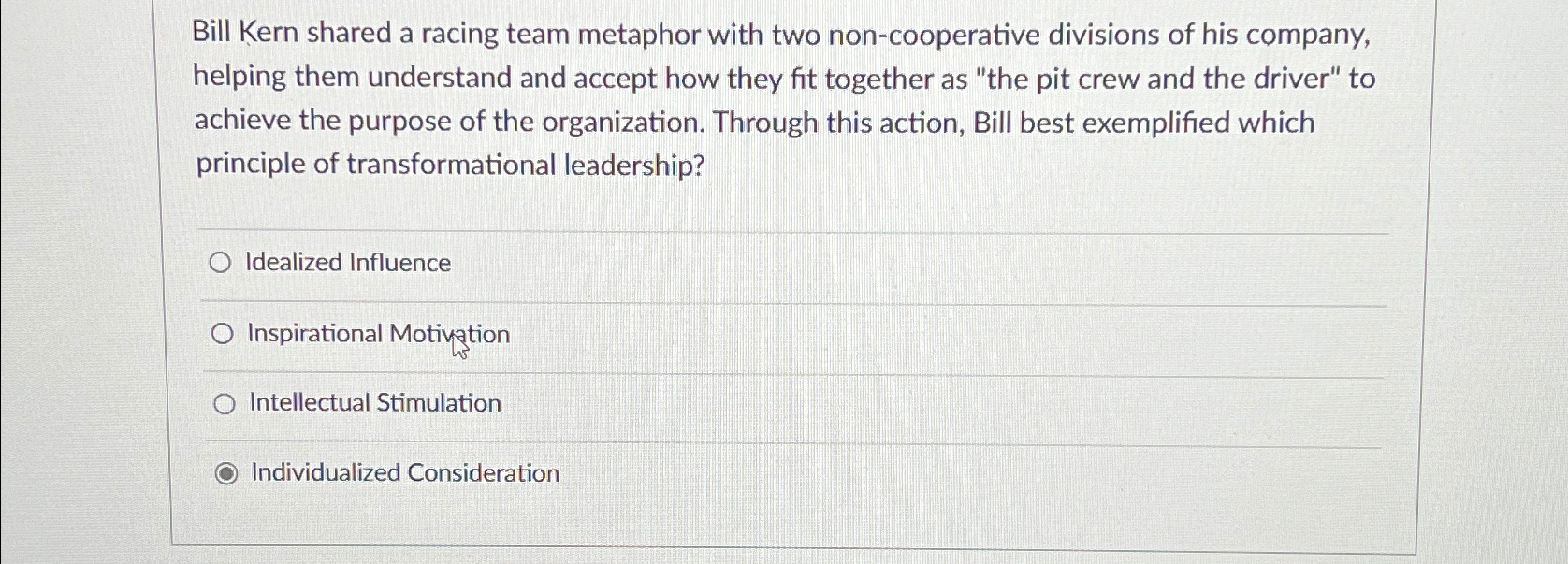 Solved Bill Kern shared a racing team metaphor with two | Chegg.com