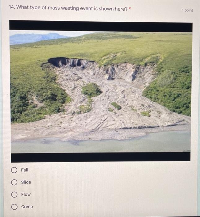 Solved 14. What type of mass wasting event is shown here? * | Chegg.com