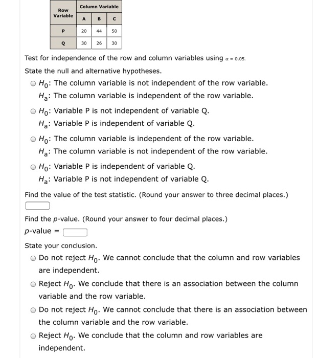 Solved Column Variable Row Variable с P 50 30 a = 0.05. 2044 | Chegg.com
