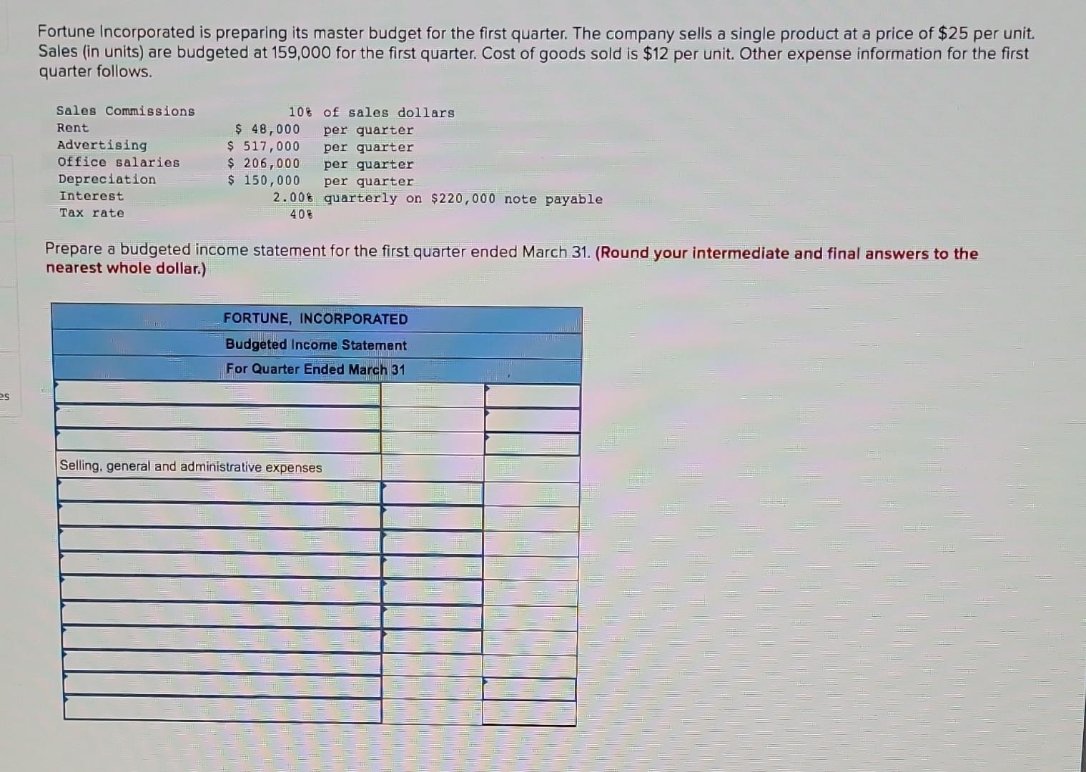 Solved Fortune Incorporated is preparing its master budget | Chegg.com