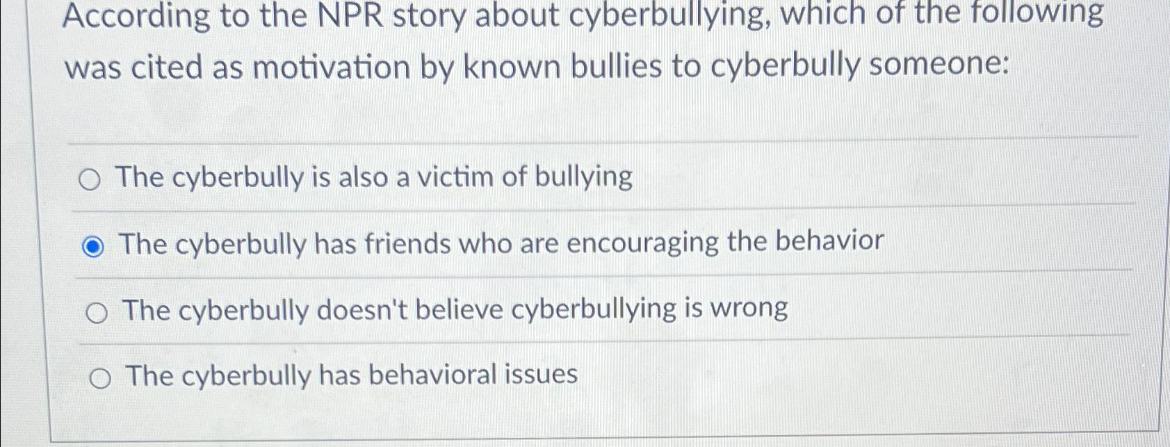 Solved According to the NPR story about cyberbullying, which | Chegg.com
