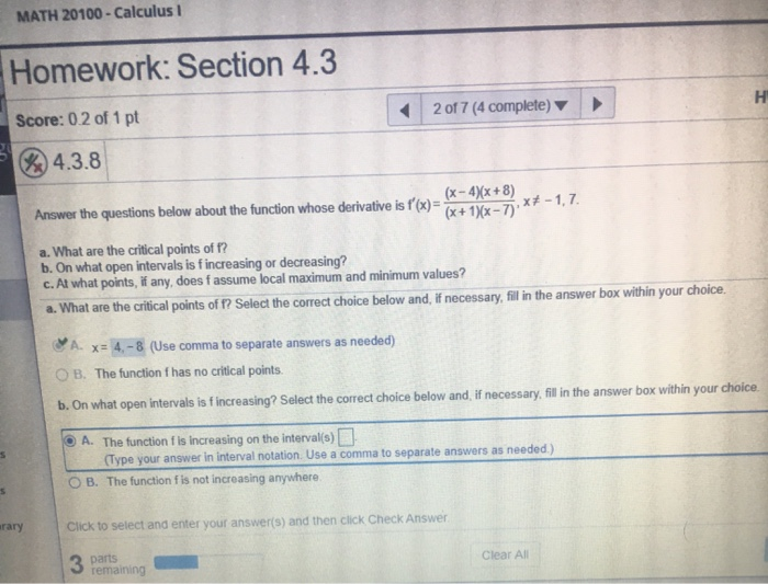 Solved MATH 20100 - Calculus Homework: Section 4.3 Score: 0 | Chegg.com
