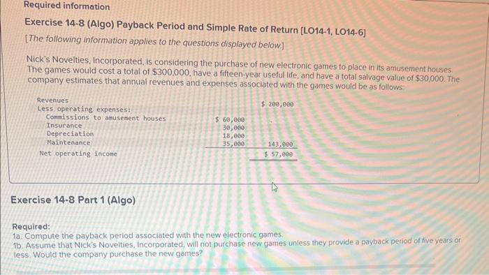 Solved Exercise 14-8 (Algo) Payback Period and Simple Rate | Chegg.com