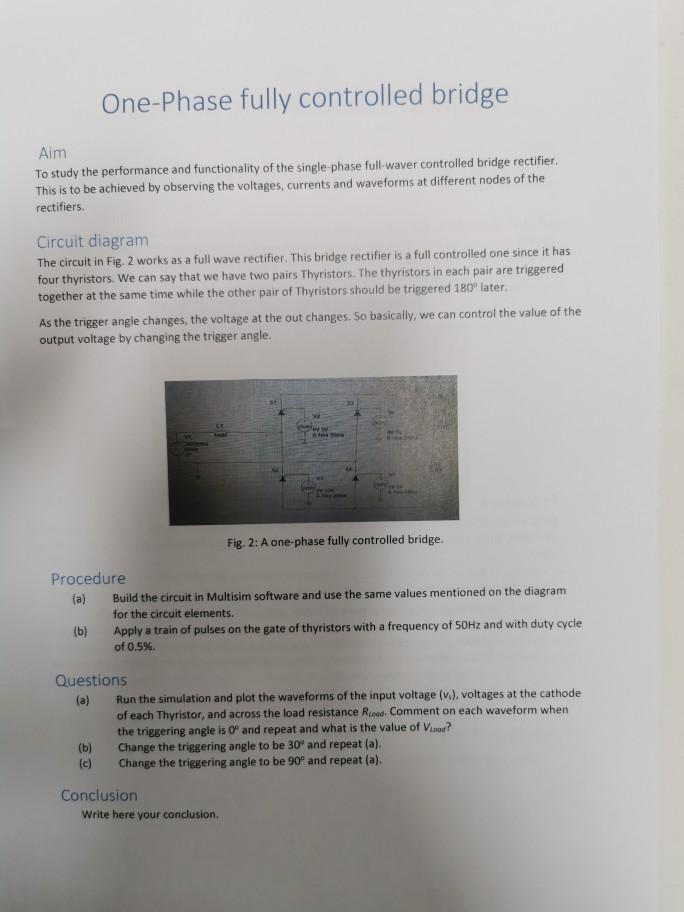 Solved One-Phase fully controlled bridge Aim To study the | Chegg.com