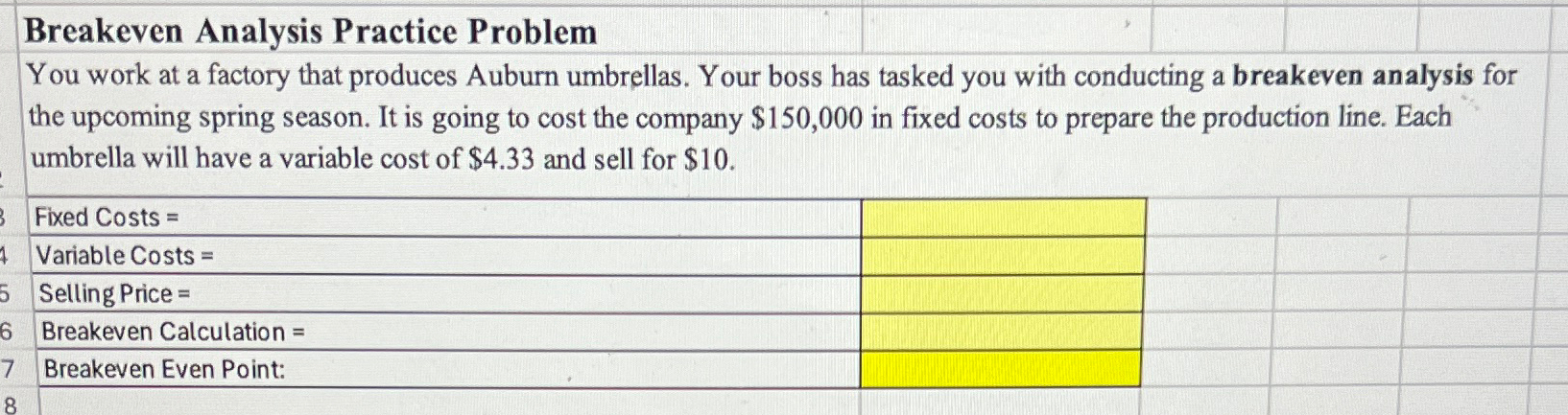 Solved Breakeven Analysis Practice ProblemYou work at a | Chegg.com