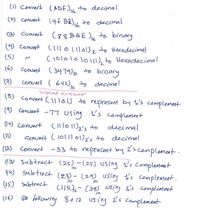 Solved (1) Convert (ADF) 16 to decimal (2) convert (4fB2)16 | Chegg.com