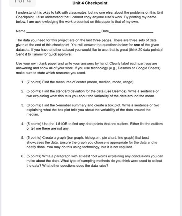 Solved Unit 4 Checkpoint I understand it is okay to talk | Chegg.com