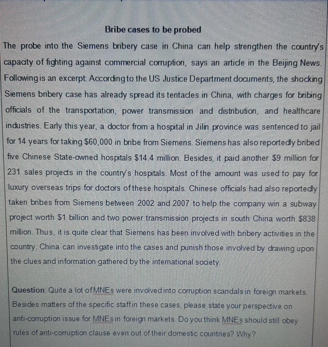 Solved Bribe cases to be probed The probe into the Siemens | Chegg.com