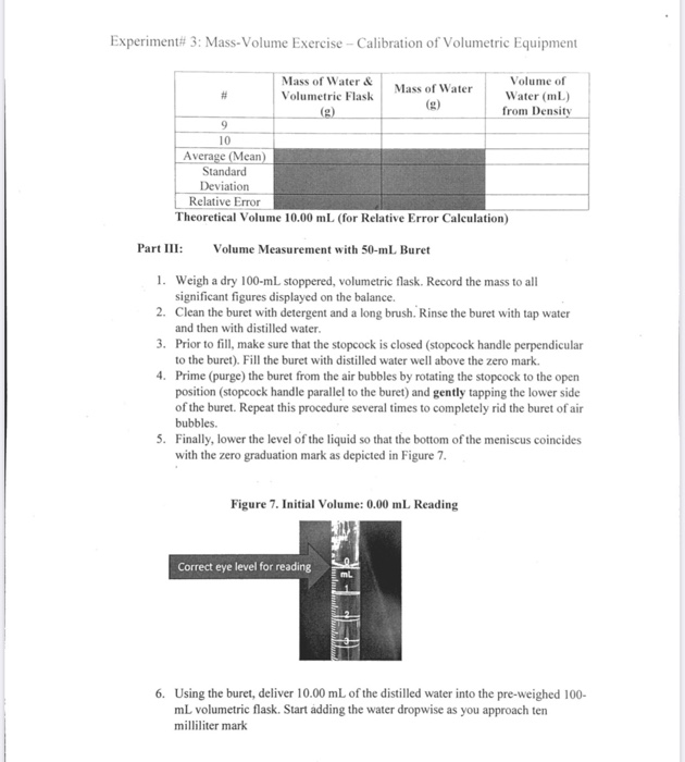 Experiment# 3: Mass-Volume Exercise - Calibration of | Chegg.com