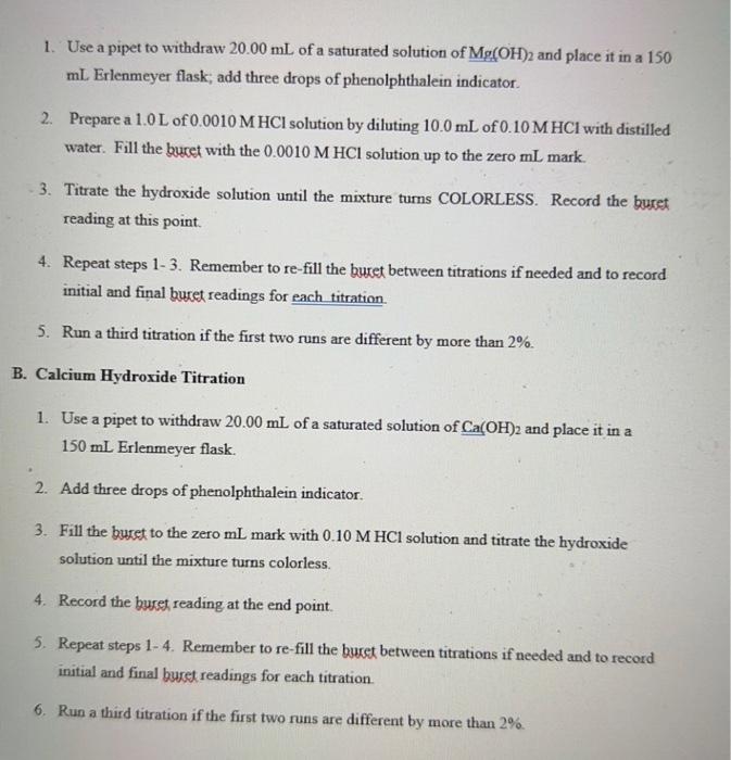 Solved B. Titration of Ca(OH)2 solution1. Use a pipet to | Chegg.com