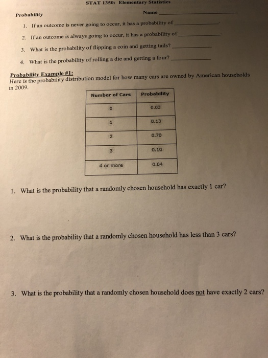 Solved STAT 1350: Elementary Statisties Probability Name 1. | Chegg.com