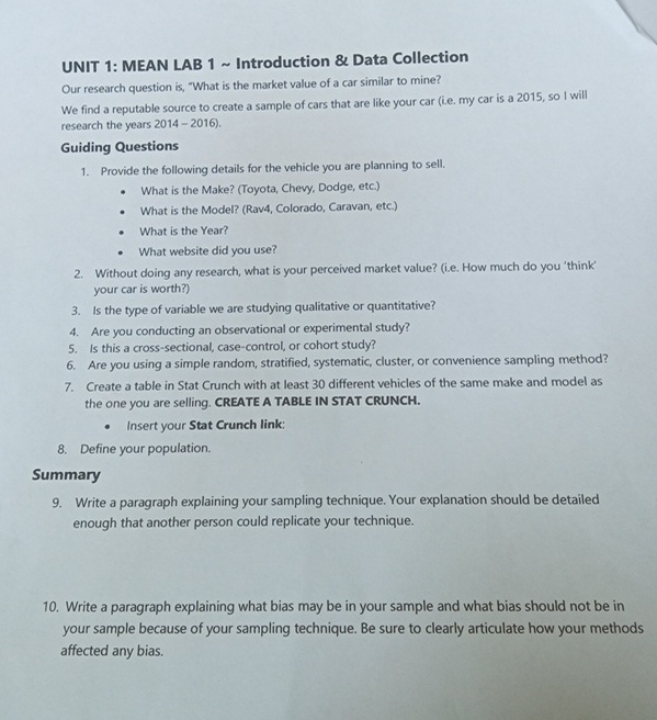 Solved UNIT 1: MEAN LAB 1 ﻿Introduction & Data CollectionOur | Chegg.com