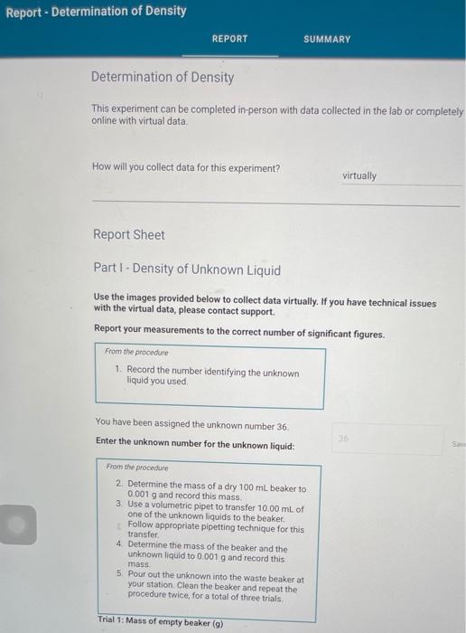 Solved Report - Determination of Density REPORT SUMMARY | Chegg.com