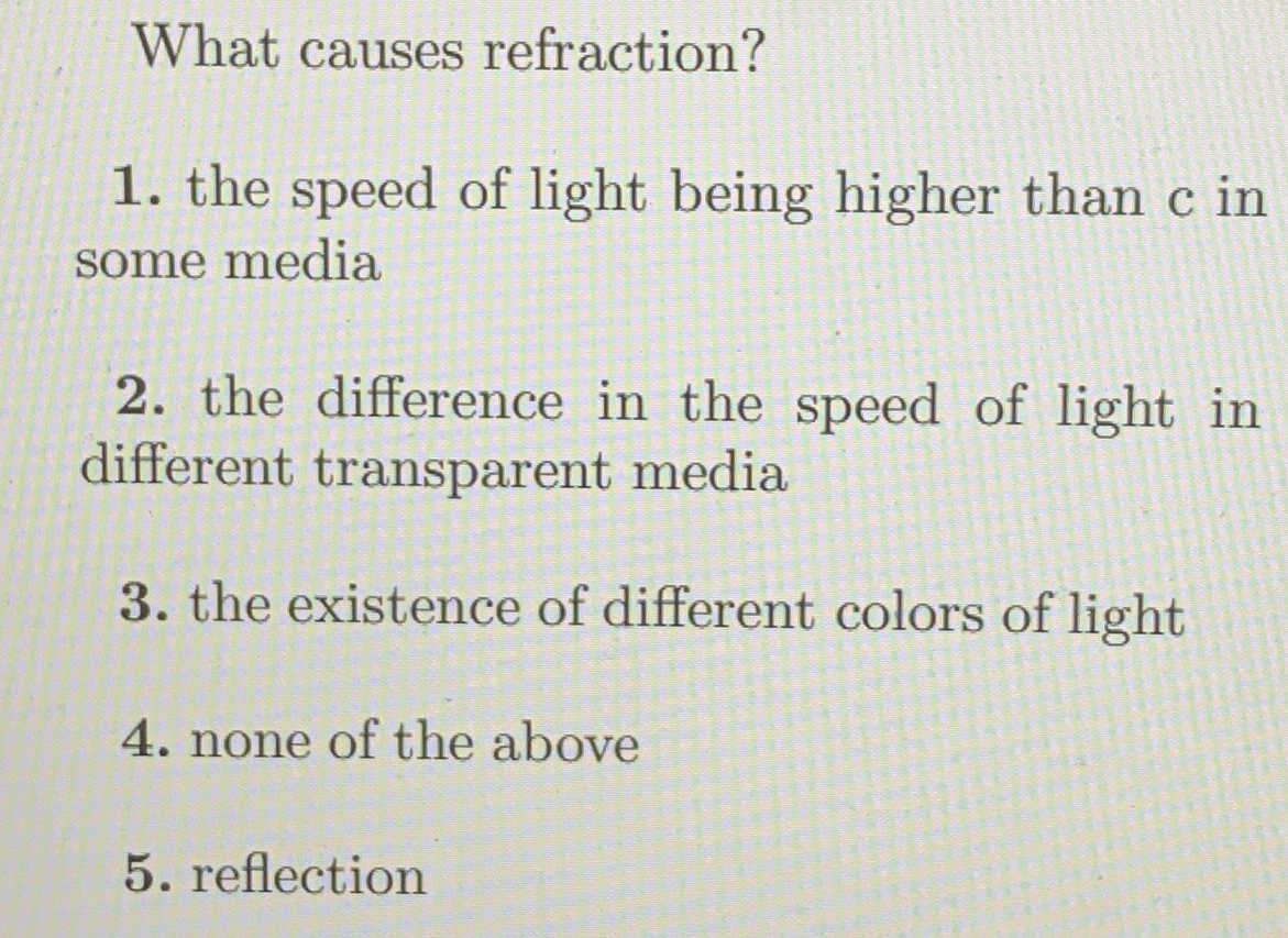 Solved What causes refraction?the speed of light being | Chegg.com