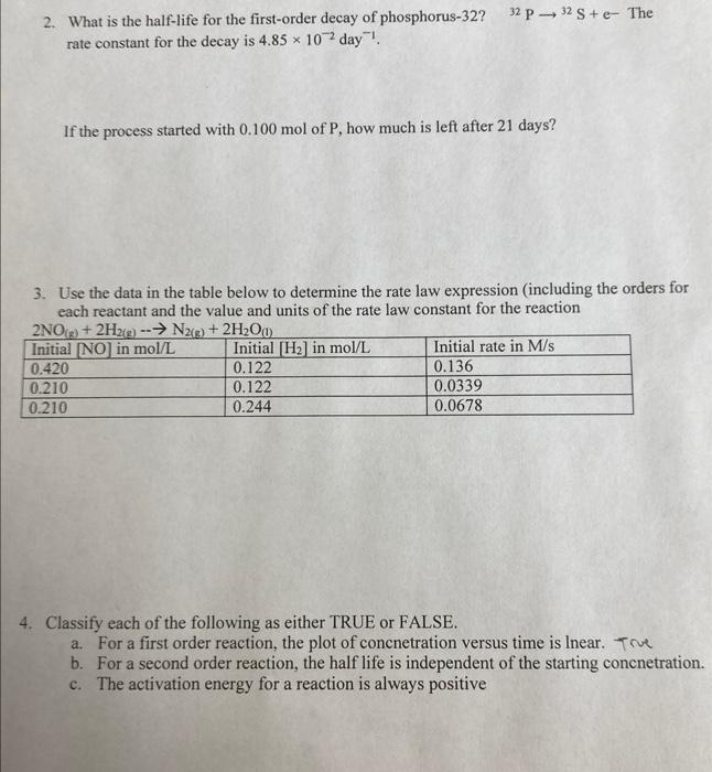 Solved 2. What is the half-life for the first-order decay of | Chegg.com