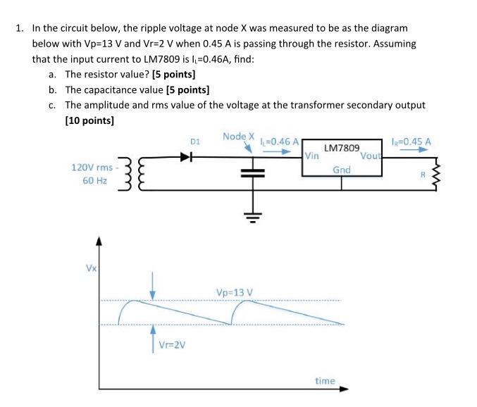 Solved 1. In the circuit below, the ripple voltage at node X | Chegg.com