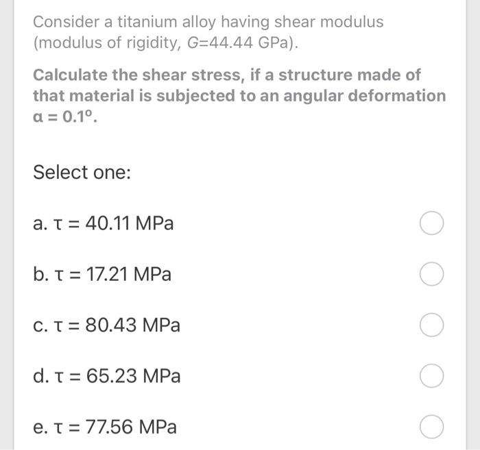 Solved Consider a titanium alloy having shear modulus | Chegg.com
