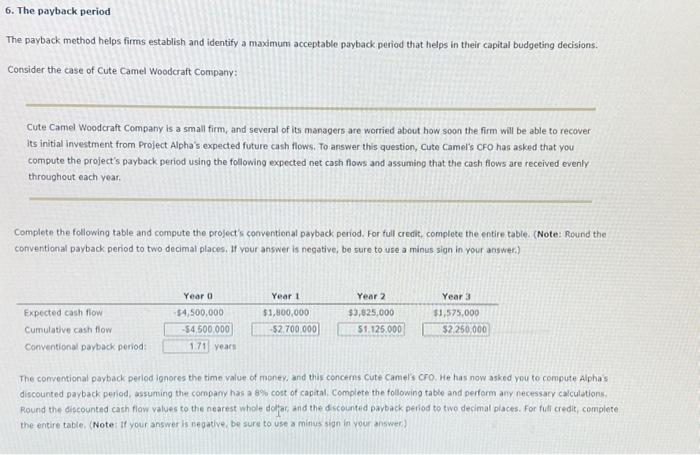 Solved 6. The payback period The payback method helps firms | Chegg.com