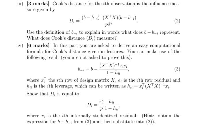 D (2) iii) [3 marks] Cook's distance for the ith | Chegg.com