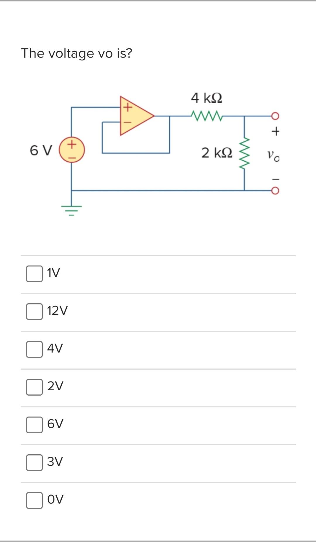 Solved The voltage vo is? 1V 12 V 4 V 2 V 6 V 3V OV | Chegg.com