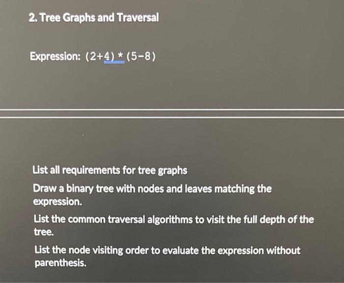 Solved 2. Tree Graphs and Traversal Expression: (2+4)∗(5−8) | Chegg.com