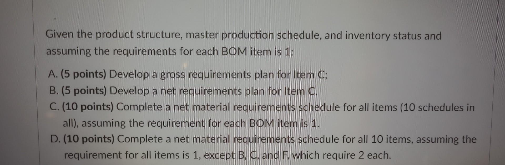 Solved Period 89101112 Gross requirements for A 50 60 100 | Chegg.com
