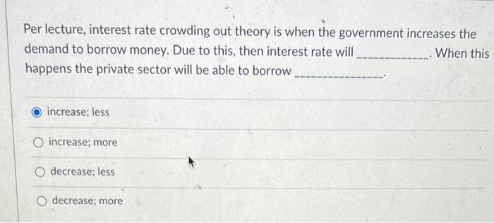 Solved Per lecture, interest rate crowding out theory is | Chegg.com