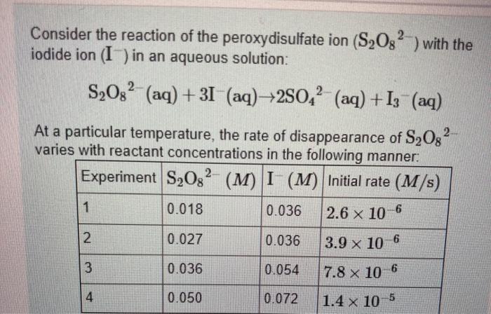 Solved Consider the reaction of the peroxydisulfate ion | Chegg.com