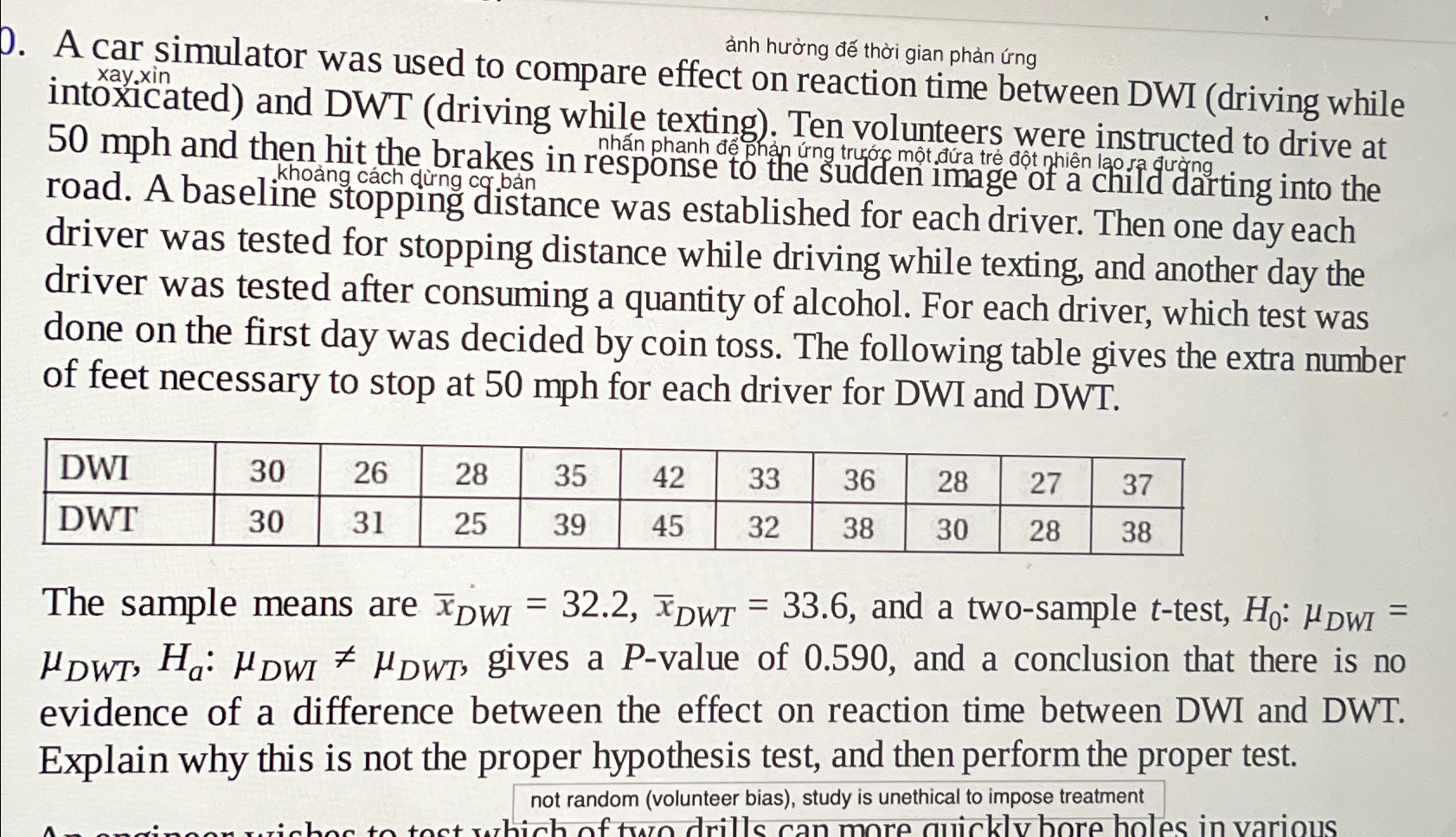 D. ﻿A car simulator was used to compare eff ành hường | Chegg.com