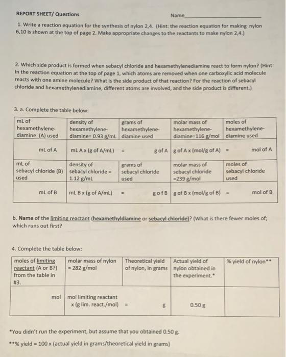 Solved Name REPORT SHEET/ Questions 1. Write a reaction | Chegg.com