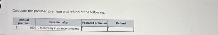 Solved Calculate the prorated premium and refund of the | Chegg.com