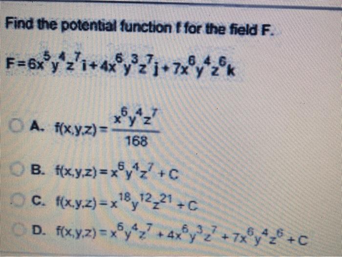 Solved Find the potential function f for the field F. | Chegg.com