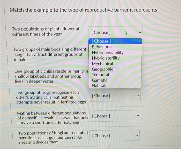 Solved Match the example to the type of reproductive barrier | Chegg.com